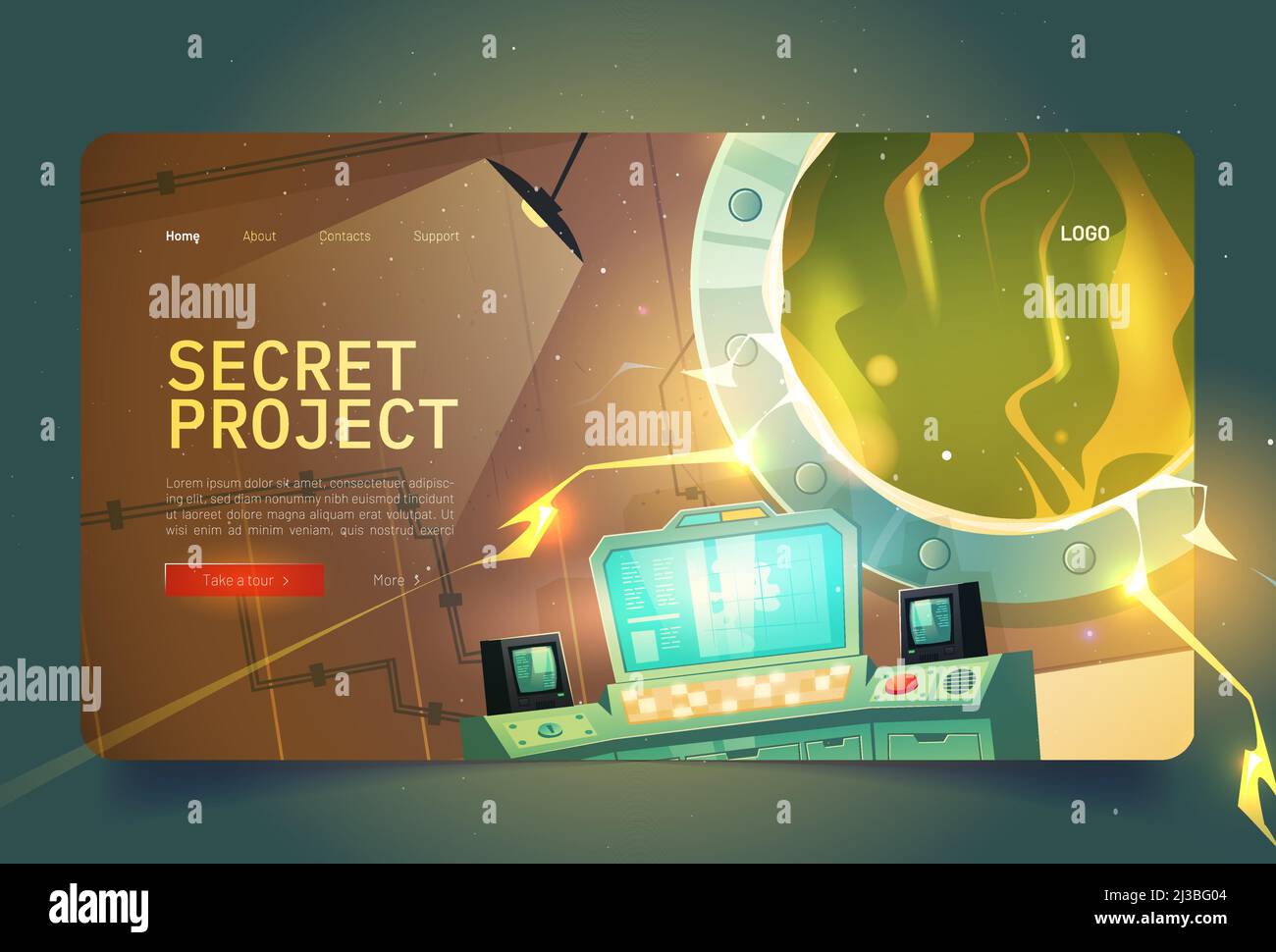 Secret project cartoon landing page. Underground bunker or scientific ...