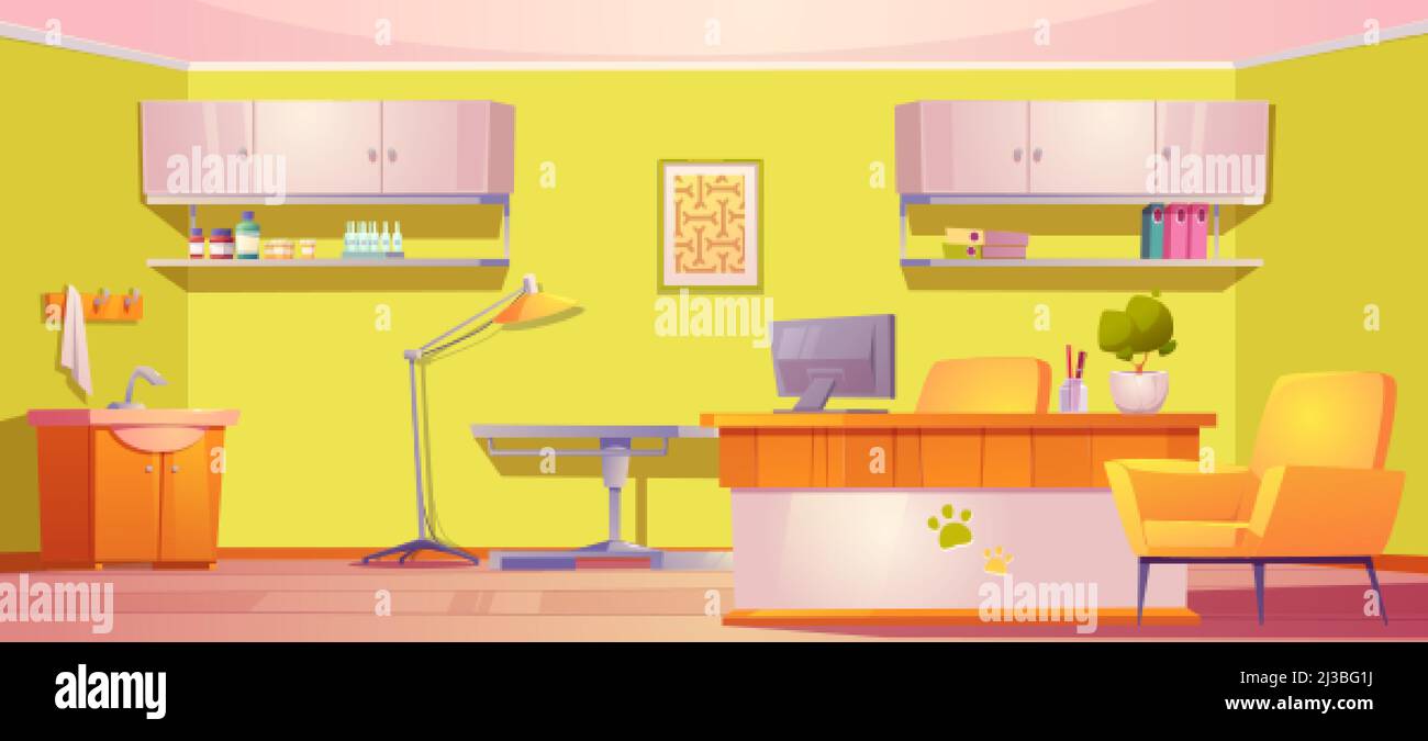 Veterinary clinic interior, vet office with furniture and stuff ...