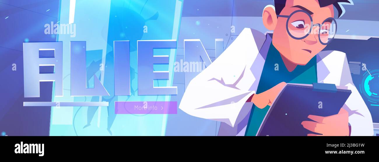 Alien in cryonics capsule cartoon landing page. Futuristic ...