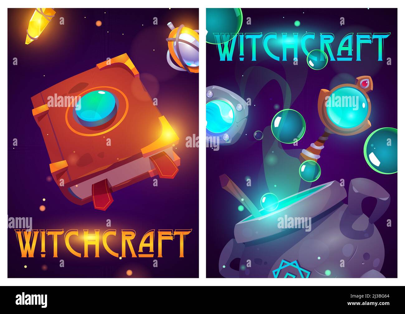 Witchcraft cartoon posters with magician stuff witch cauldron, spell ...