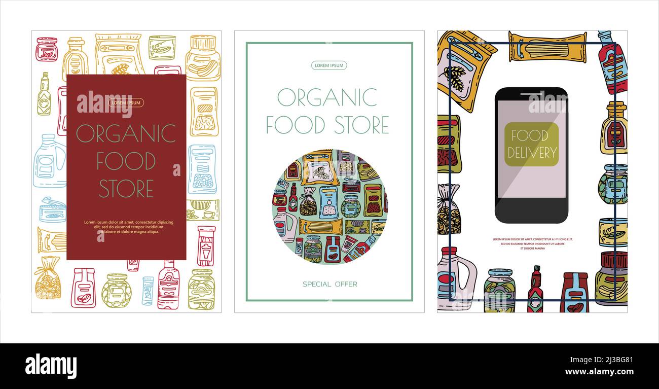 Vector doodle grocery store products. Hand drawn scetch banners. Food ...