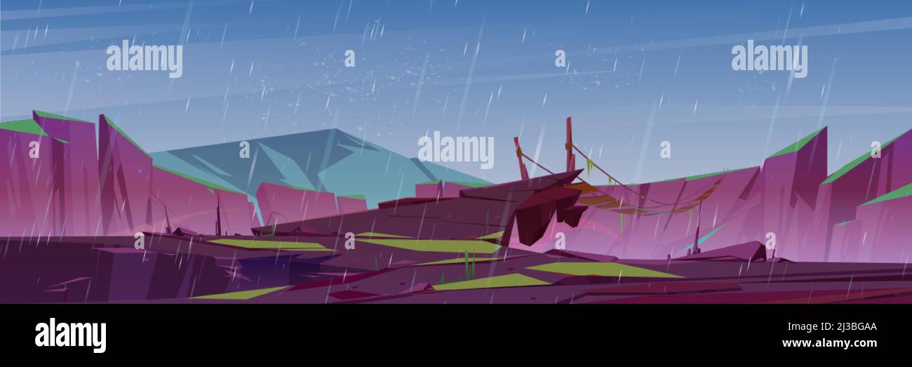 Suspension bridge over precipice in mountains and rain. Vector cartoon ...