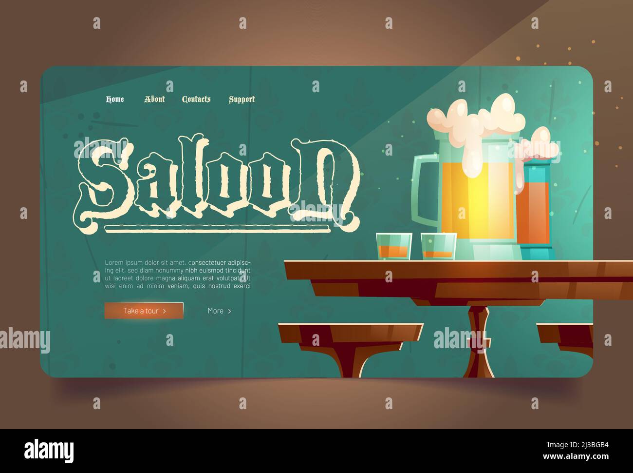 Cowboy saloon cartoon landing page, glass tankards with foamy beer and ...