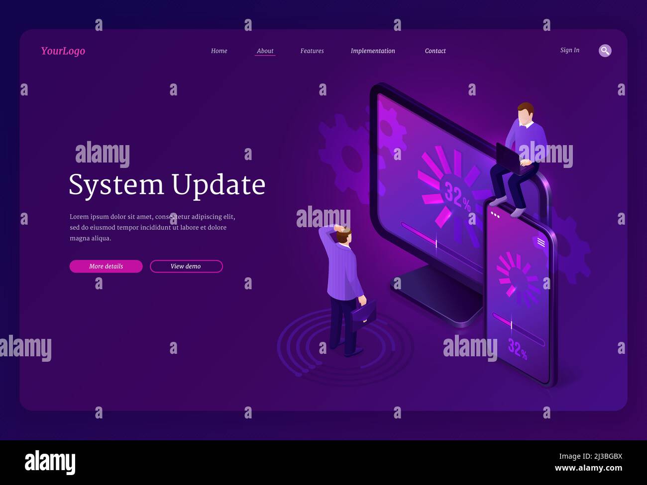 System update isometric landing page, new software setup upgrade ...