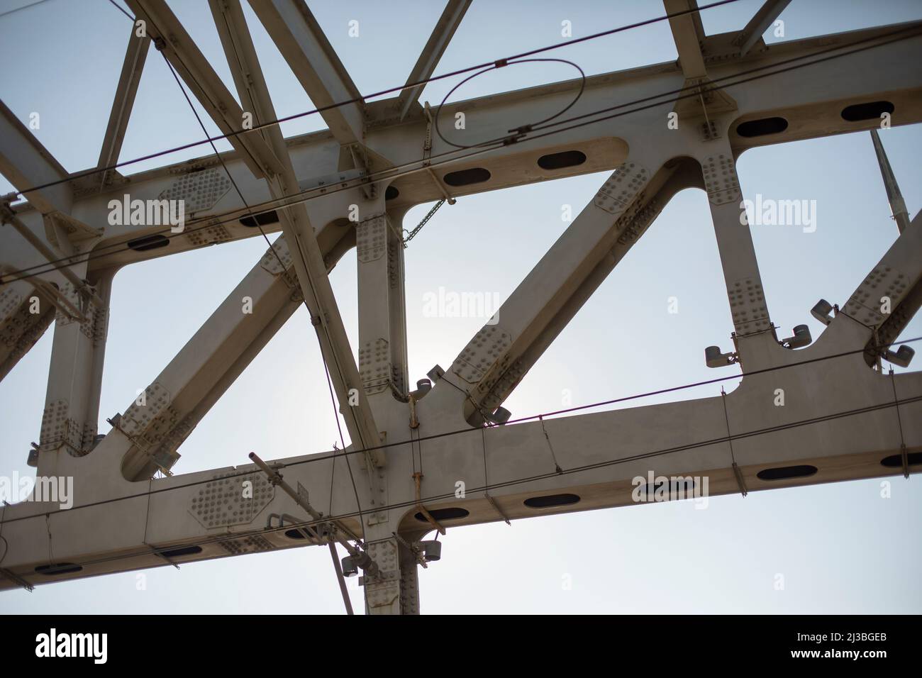Steel bridge supports. Railway bridge is in detail. Metal construction ...