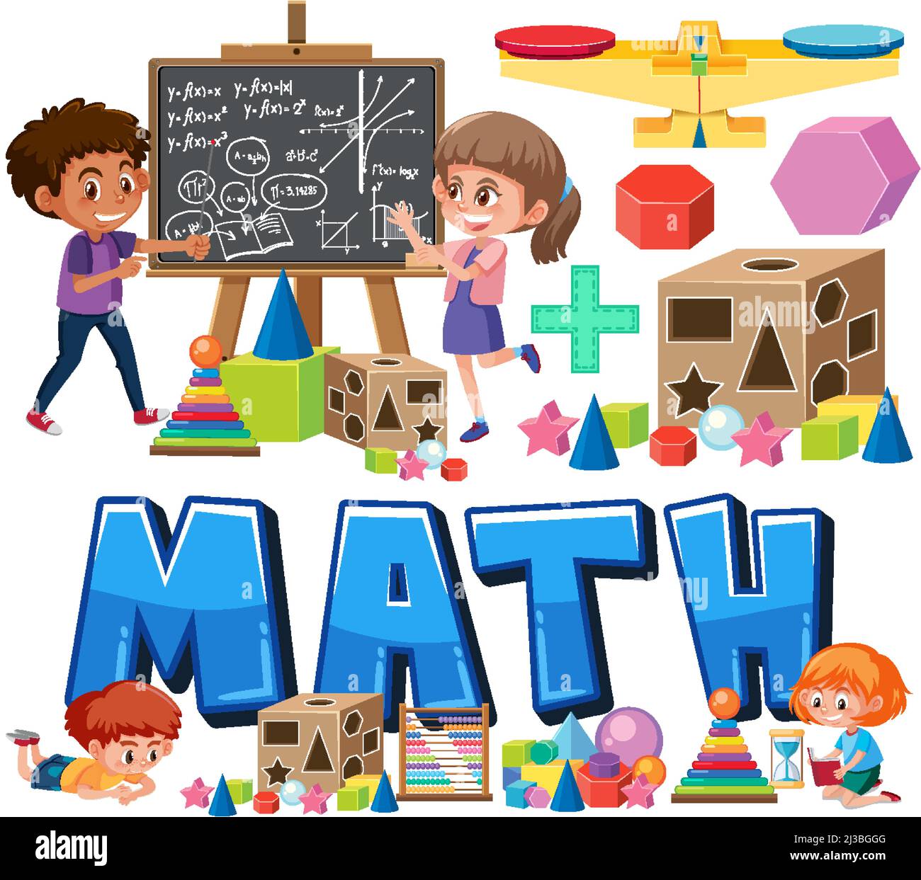 Math classroom objects with supplies and students illustration Stock ...