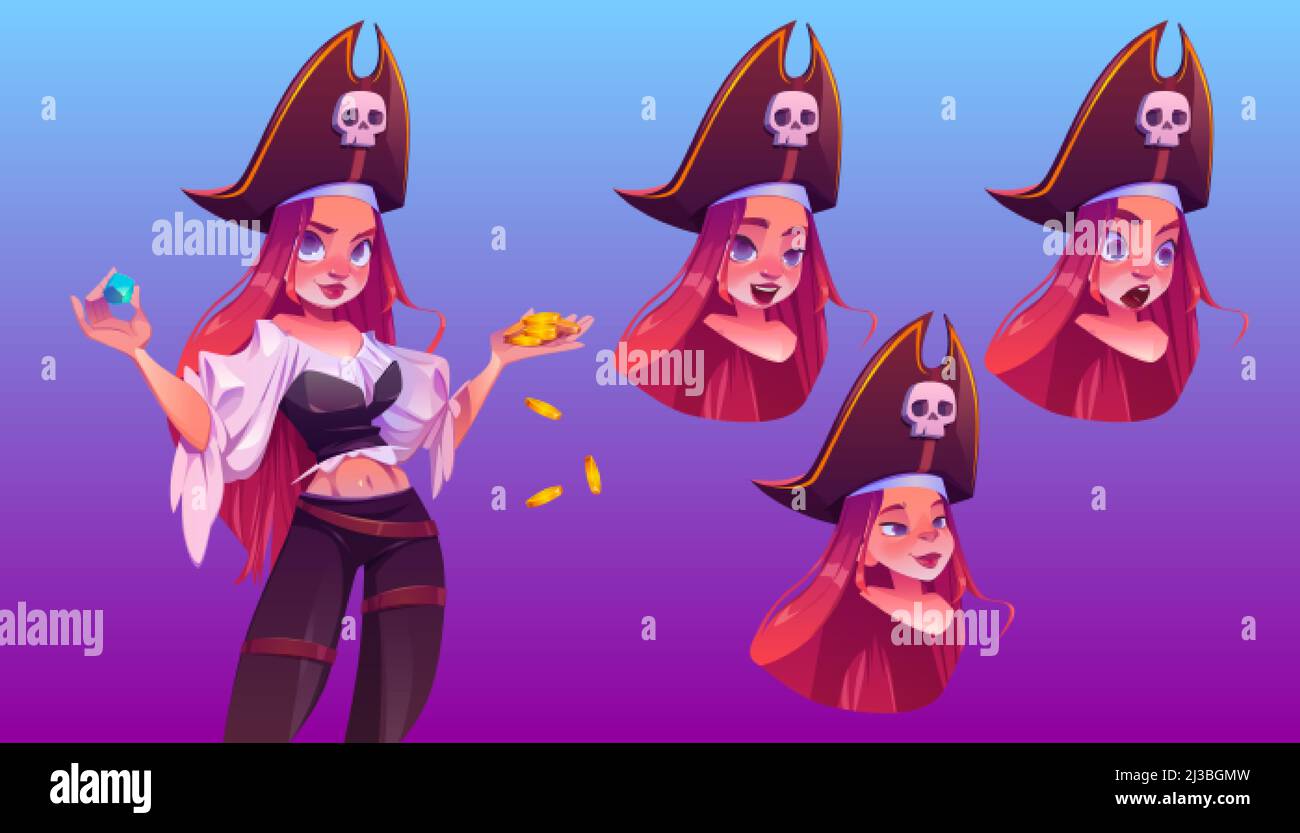 Pirate girl with treasure in hands different face expression cartoon ...