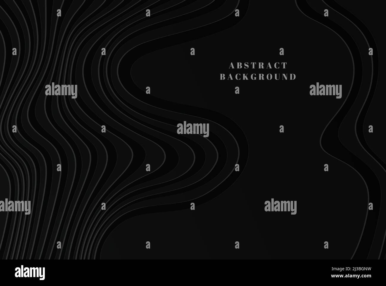 Black wavy geometric abstract vector background. Monotonous soft dark light wavy surface. 3D ...