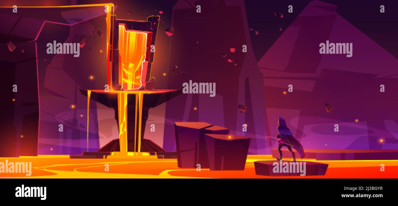 Fantasy landscape with lava lake and magic portal. Wizard walk on ...