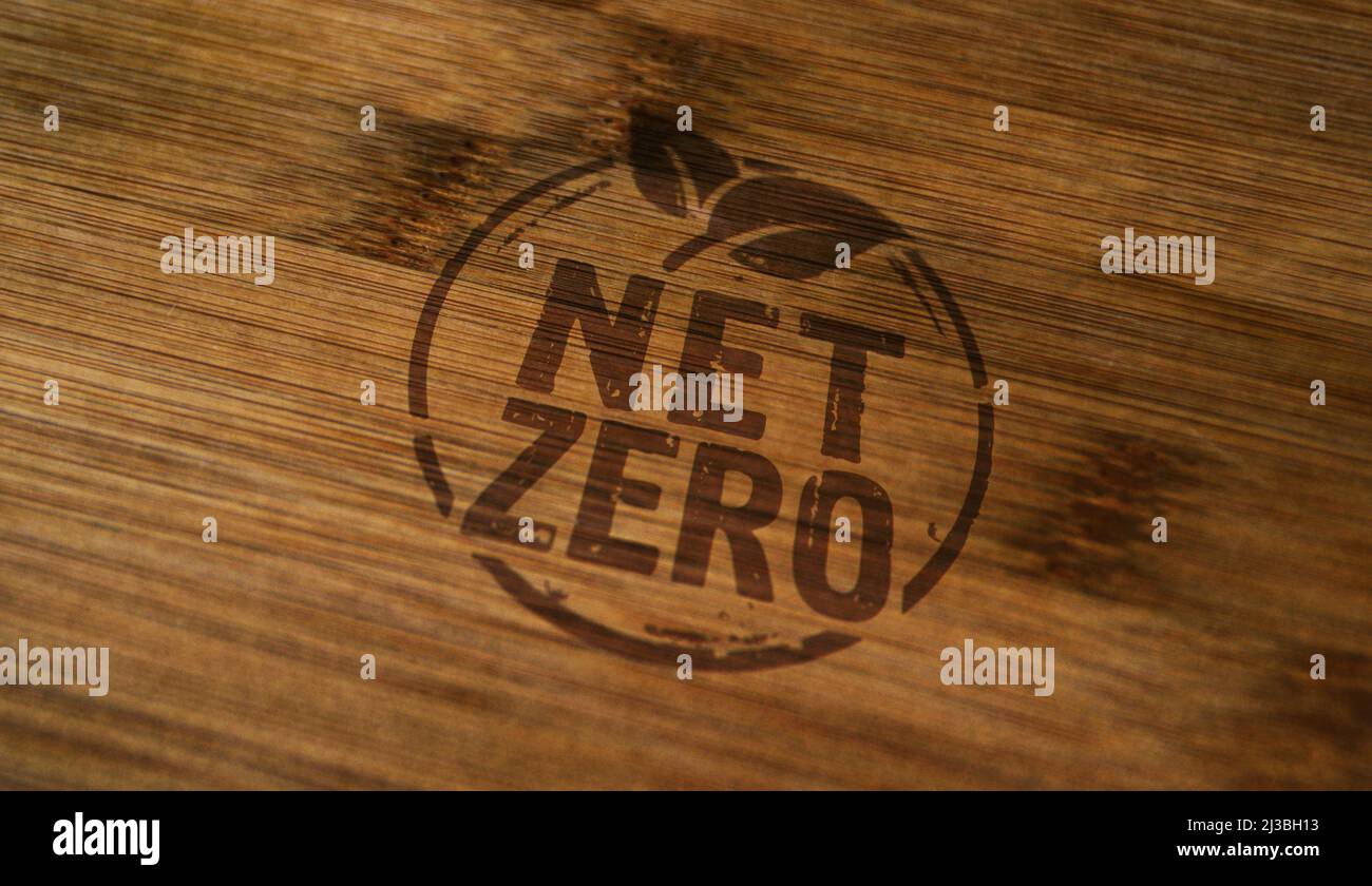 Net zero and eco friendly symbol stamp printed on wooden box. Co2 ...