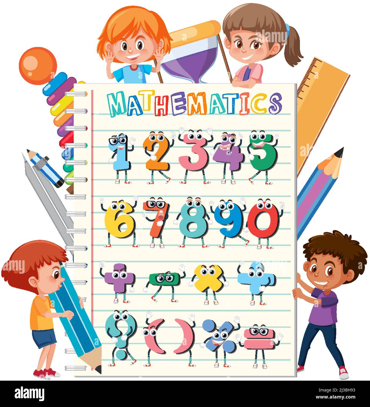 Counting number 0 to 9 and math symbols for kids illustration Stock ...