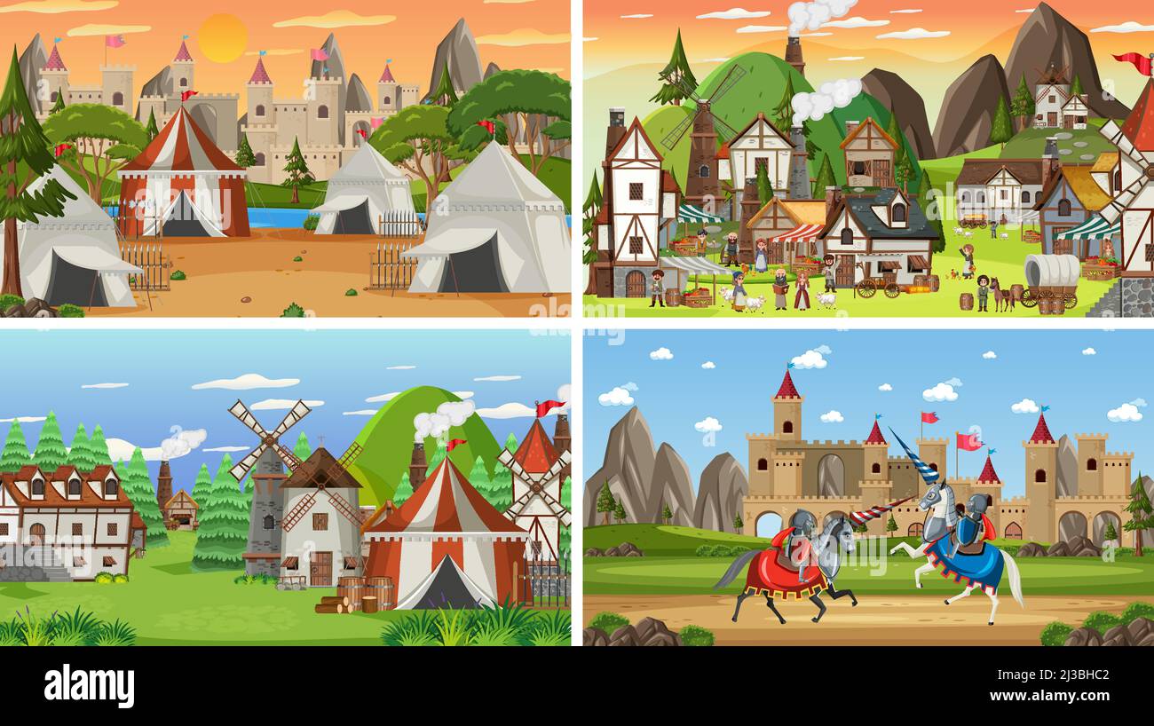 Set of different scene medieval illustration Stock Vector Image & Art ...