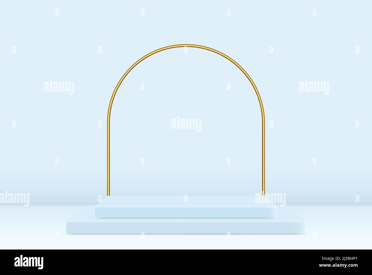 Modern light blue podiums with pastel empty room and gold arch. The ...