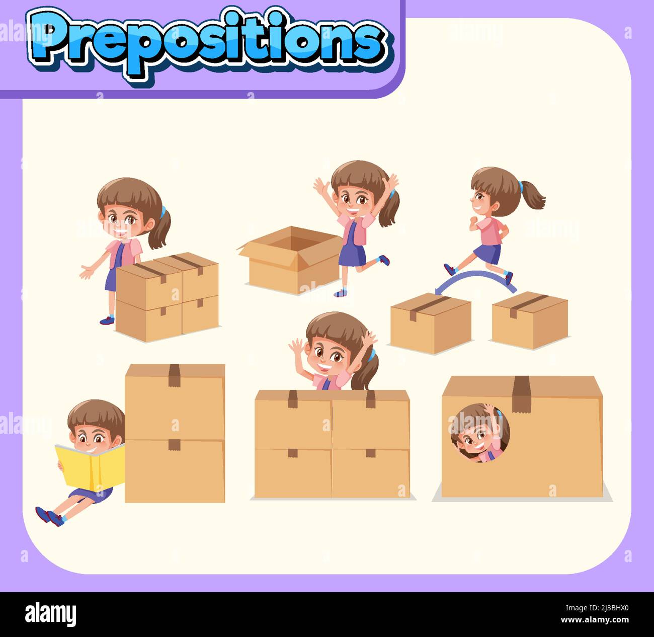 Prepostion wordcard design with girl and boxes illustration Stock ...