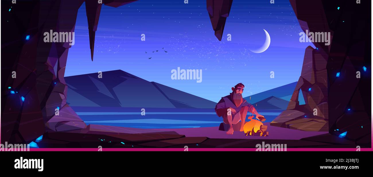 Alone castaway man in cave on uninhabited island with bonfire at night ...