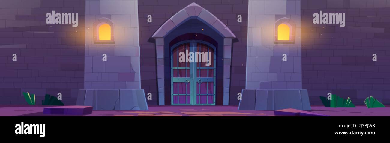 Medieval castle gate at night, palace entry exterior arched door ...