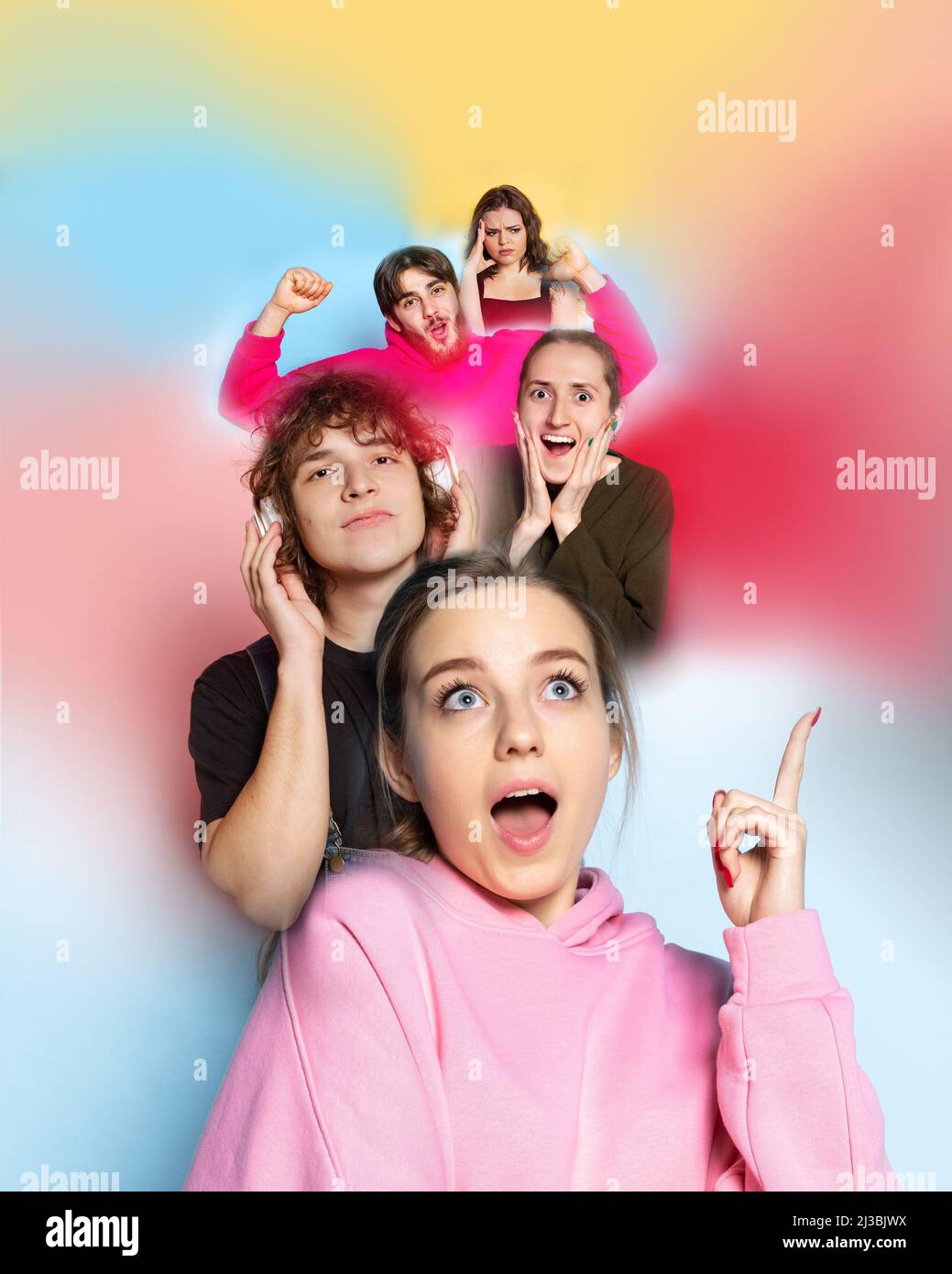 Collage made of images of young excited boys and girls on gradient ...