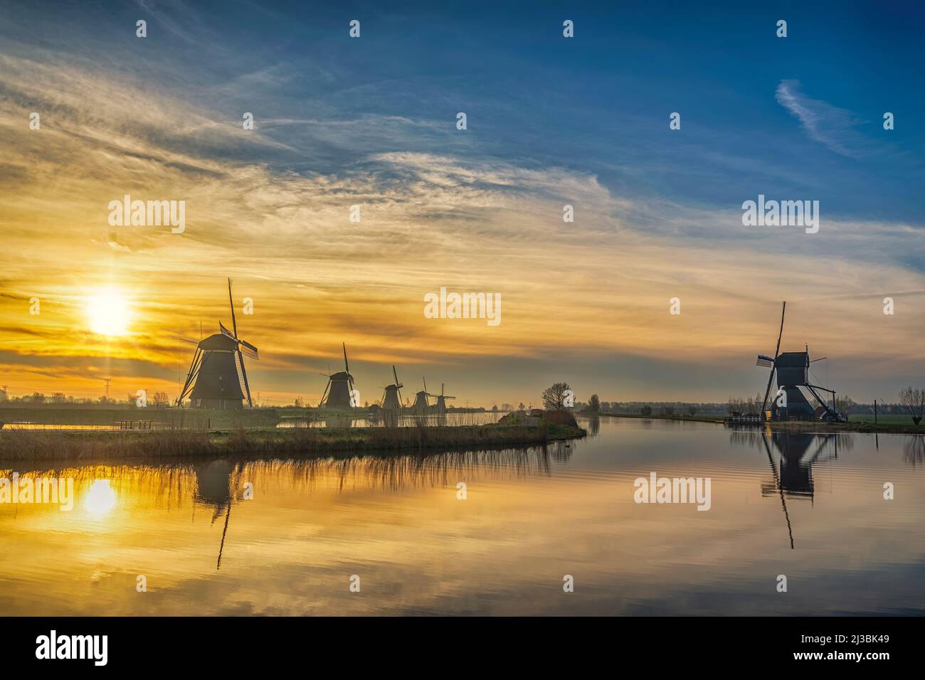 Rotterdam Netherlands, sunrise nature landscape of Dutch Windmill at ...