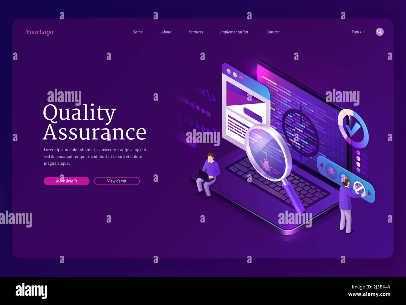 Quality assurance isometric landing page. Tiny characters fixing bugs ...