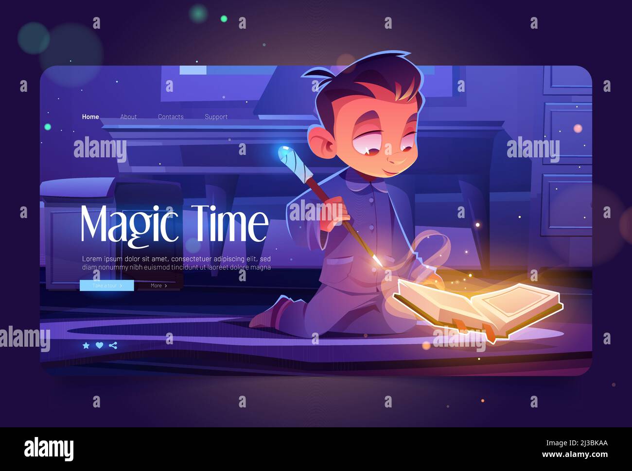 Magic time cartoon landing page. Little wizard boy with wand and ...