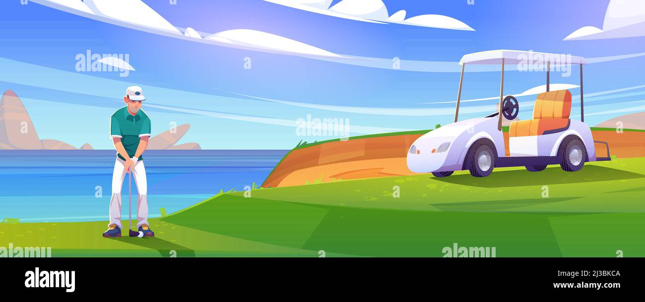 Golf course on lake shore with man and cart on grass. Vector cartoon ...