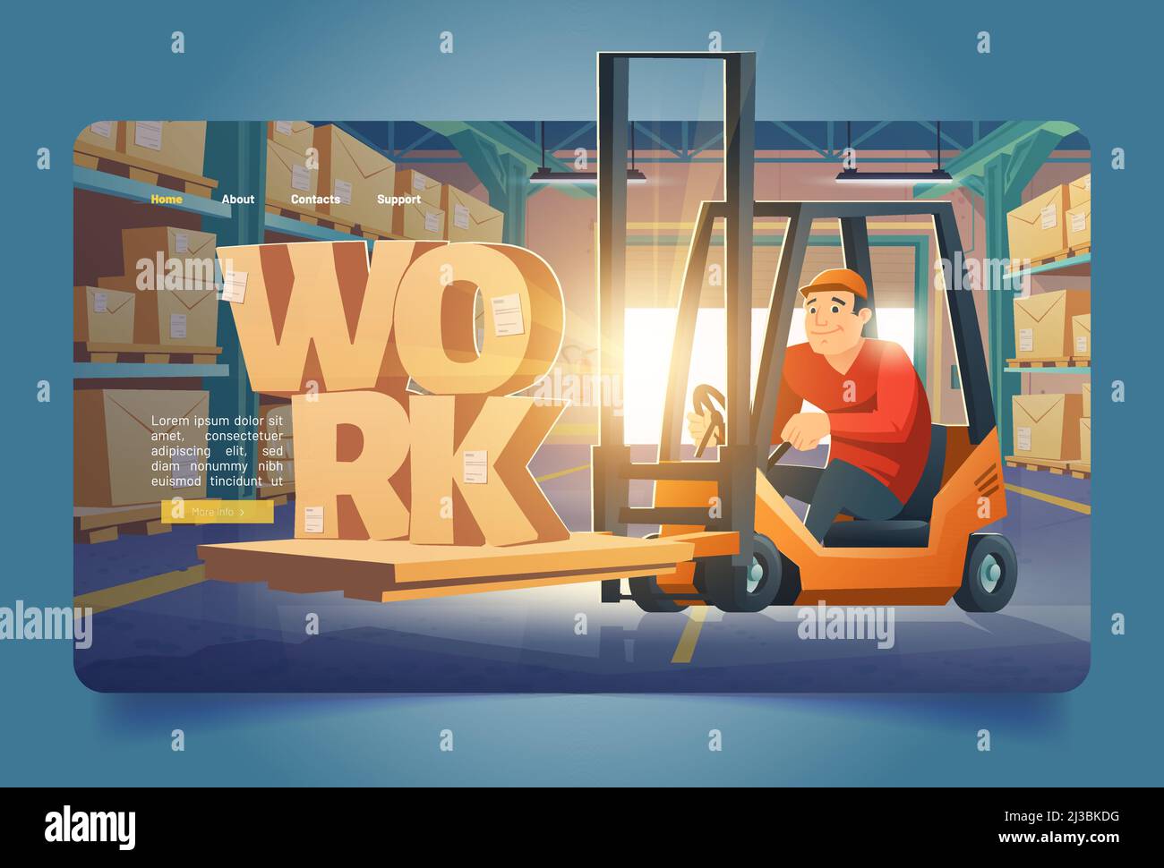 Warehouse work banner with man in forklift and shelves with cardboard ...