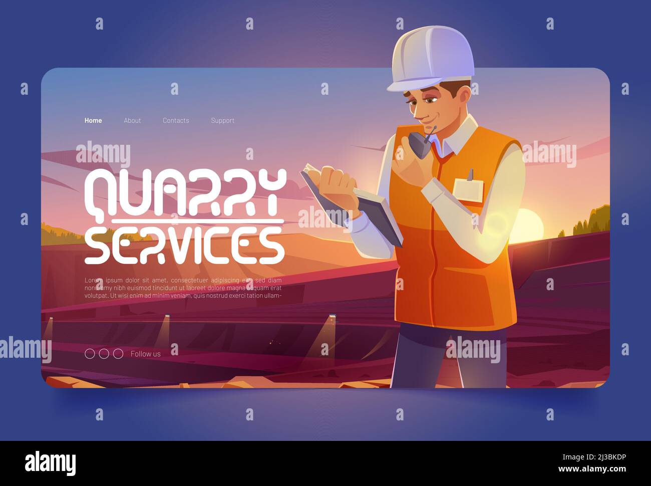 Quarry services banner with man in helmet working in opencast mine ...