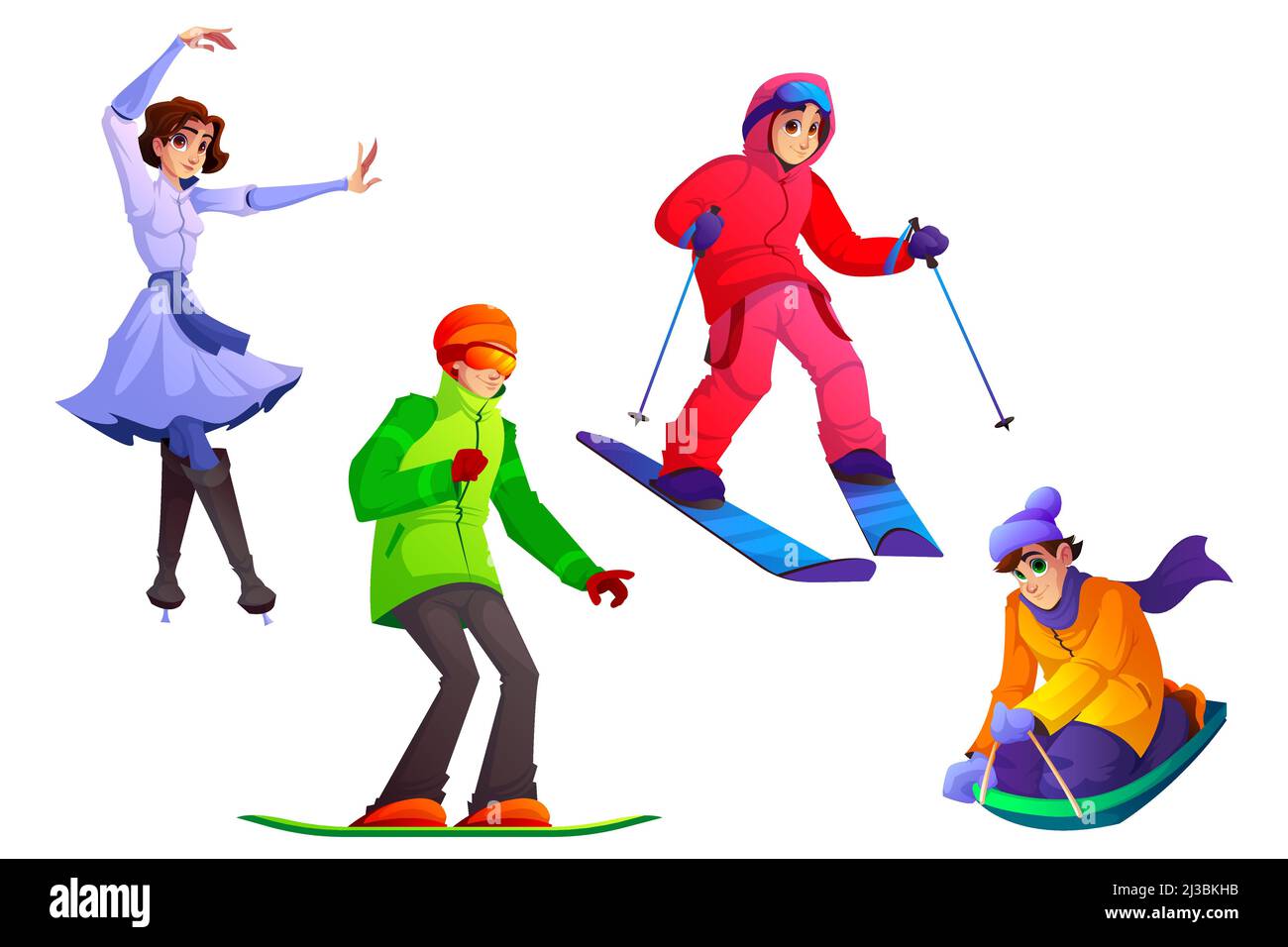 People engage winter sport. Cartoon characters wintertime recreation ...