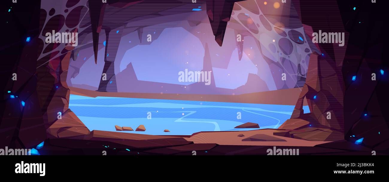 Underground rocky cave with water and blue crystals. Vector cartoon ...
