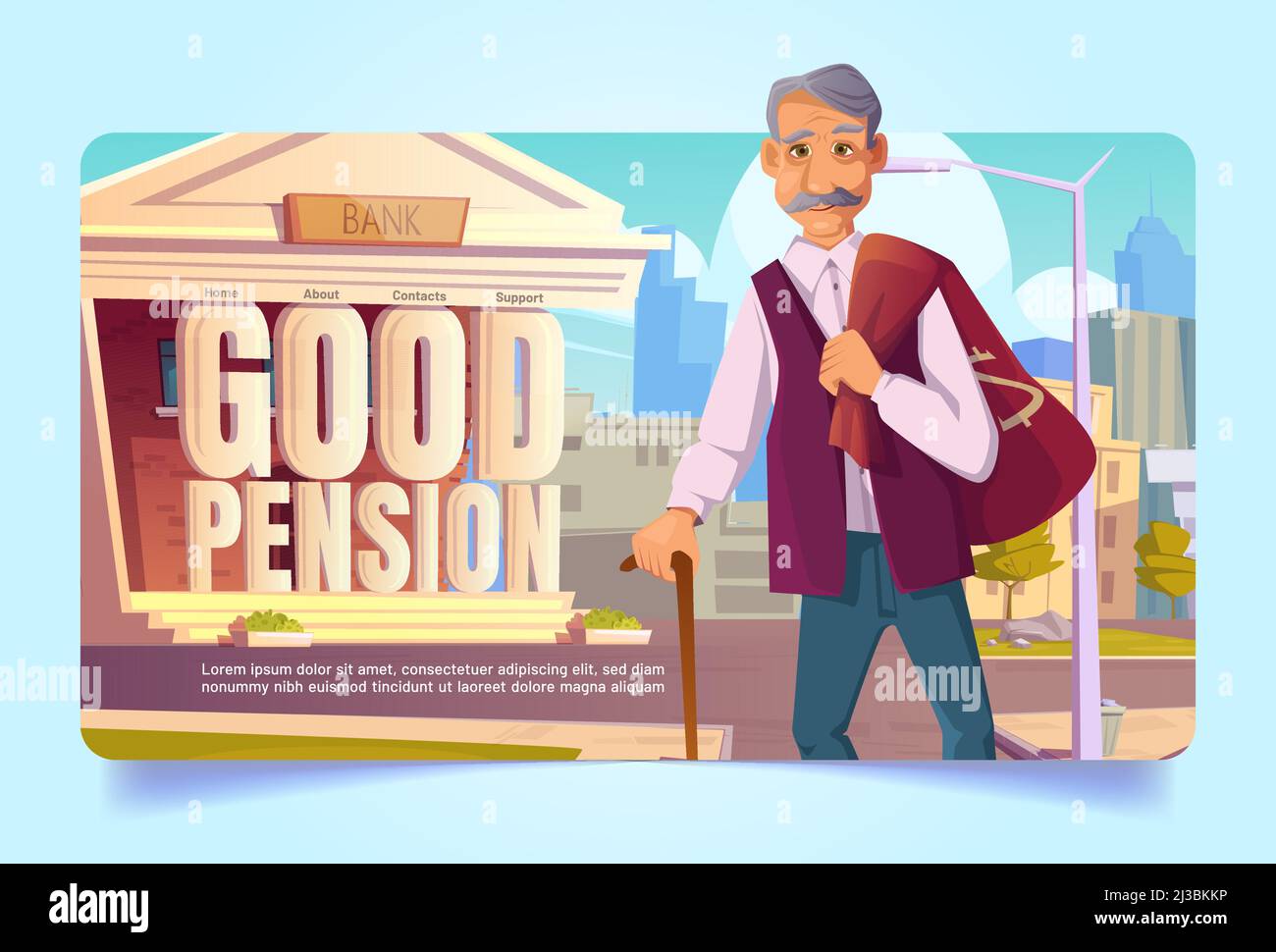 Pension fund savings cartoon landing page. Happy senior man with money ...