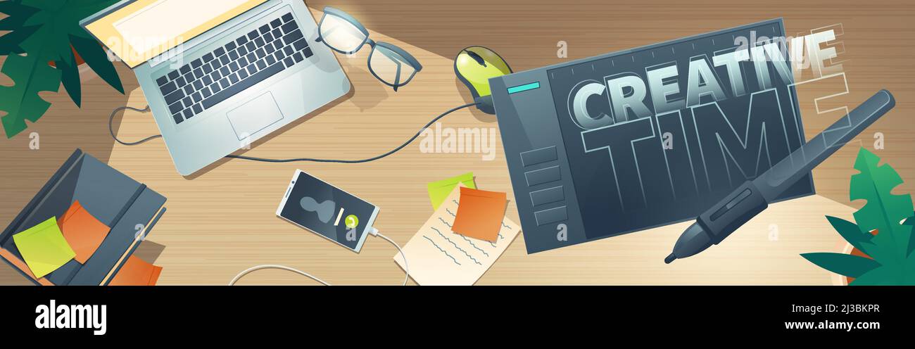 Creative time poster with top view of designer workspace with graphic ...