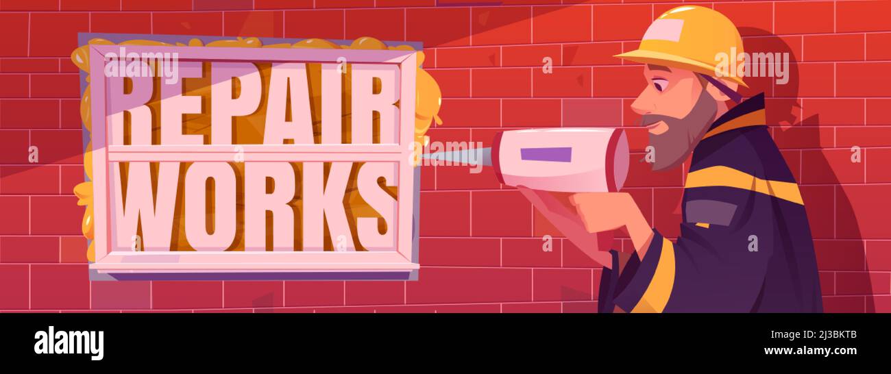 Repair works cartoon ads banner. Handyman filling brick wall gaps with ...