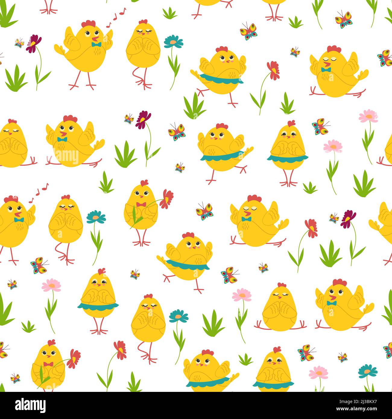 Cute chickens in different poses, flowers and butterflies seamless ...