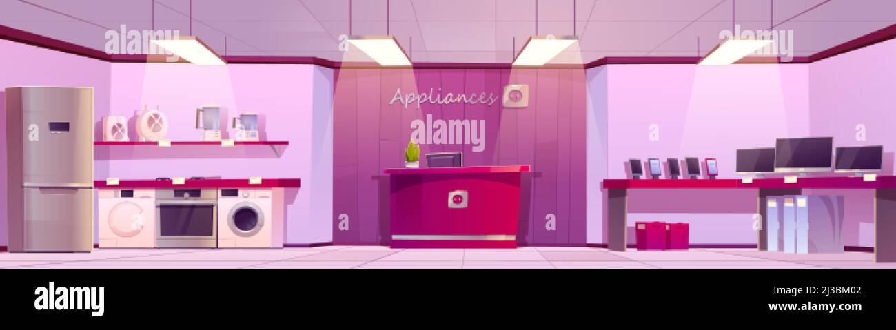 Home appliances store with household equipment and counter with cashbox ...