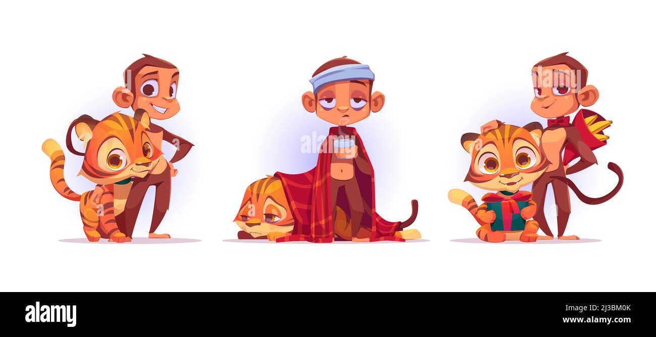 Cute monkey and tiger stand together, sick and holding presents. Vector ...