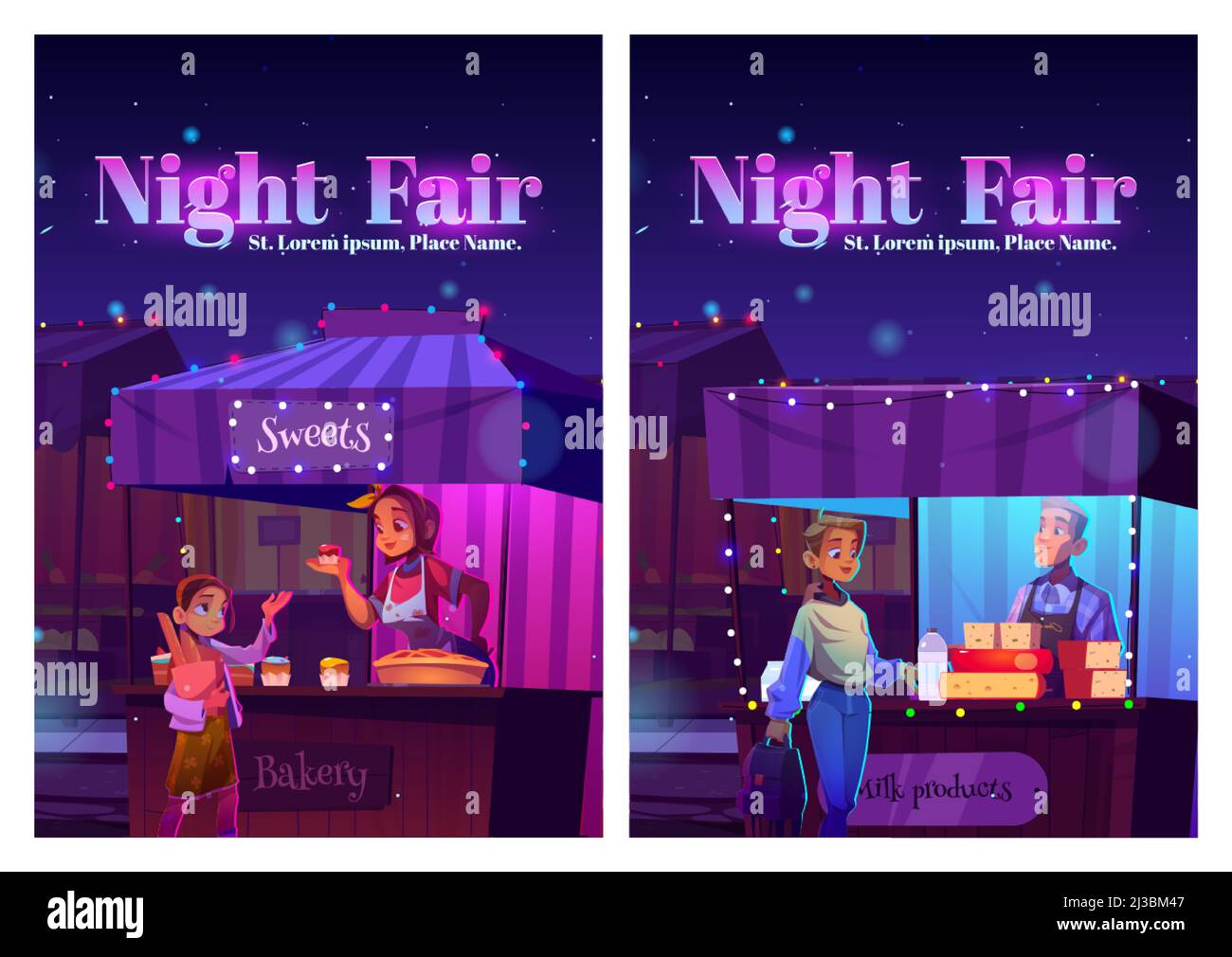 Night fair posters with food market on street. Vector flyers of festive ...