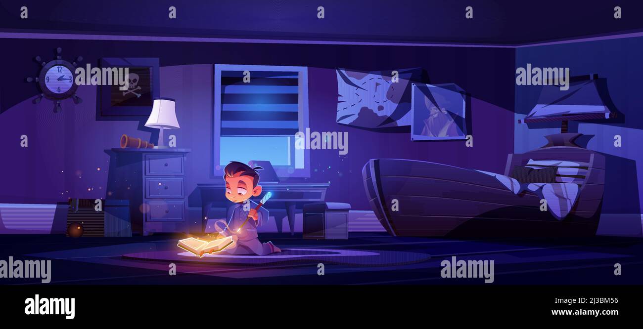 Little boy practice magic with wand and glowing spell book, magician ...