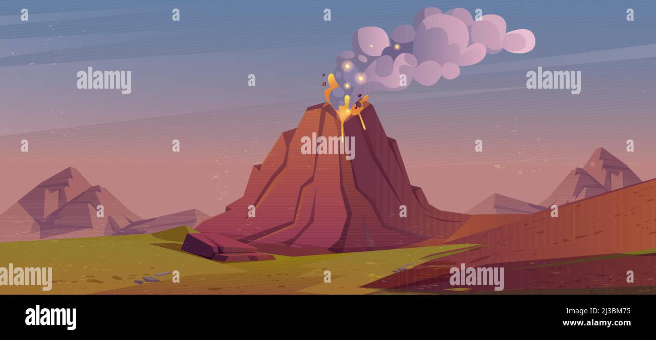 Landscape with volcanic eruption. Vector cartoon illustration with ...