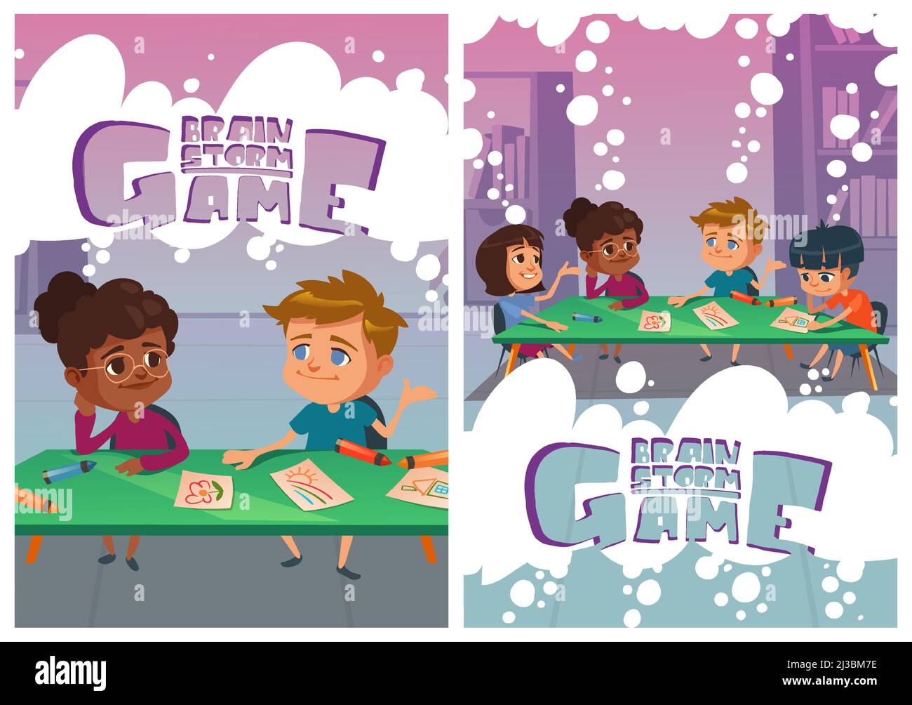 Brainstorm game posters with thinking children in school. Concept of ...
