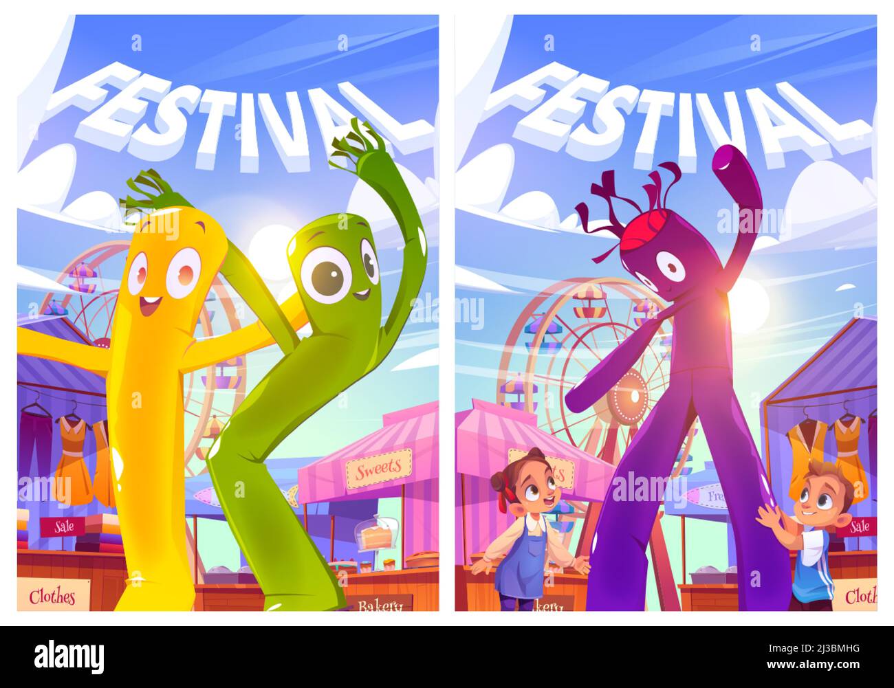 Festival posters with fair, kids, inflatable tube men and ferris wheel ...