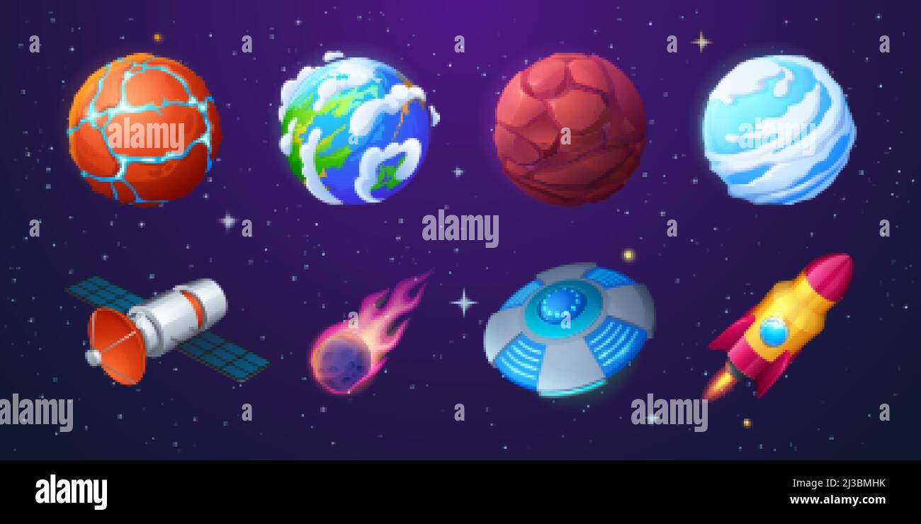 Earth, alien planets, rocket, ufo spaceship and meteor on background of ...