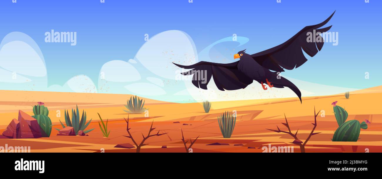Black eagle over desert landscape, falcon or hawk flying with outspread ...