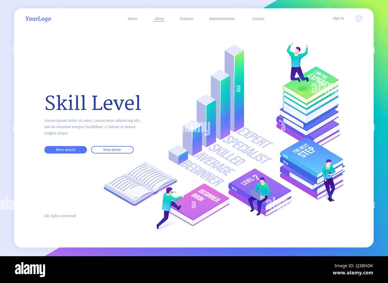 Skill level isometric landing page. Tiny characters sitting on huge ...