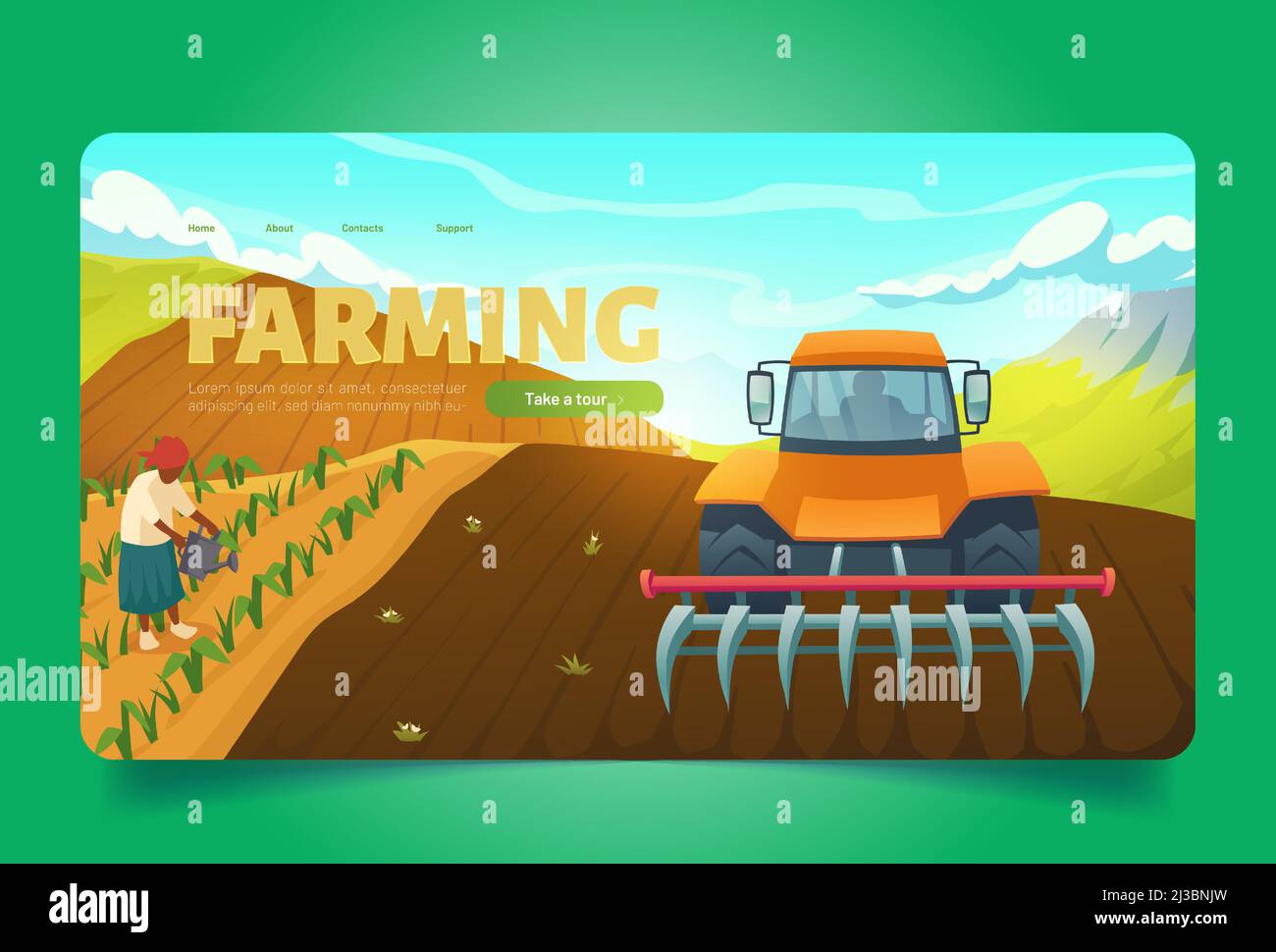 Farming banner with tractor with plow on agriculture field. Vector ...