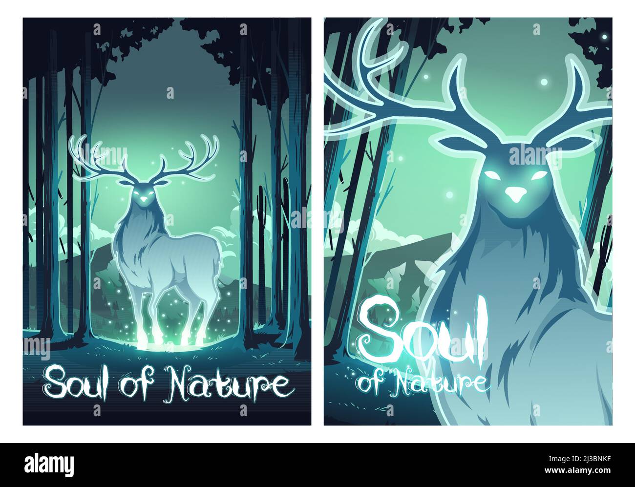 Soul of nature cartoon posters, magic deer in night forest, mystical stag with glow eyes and ...