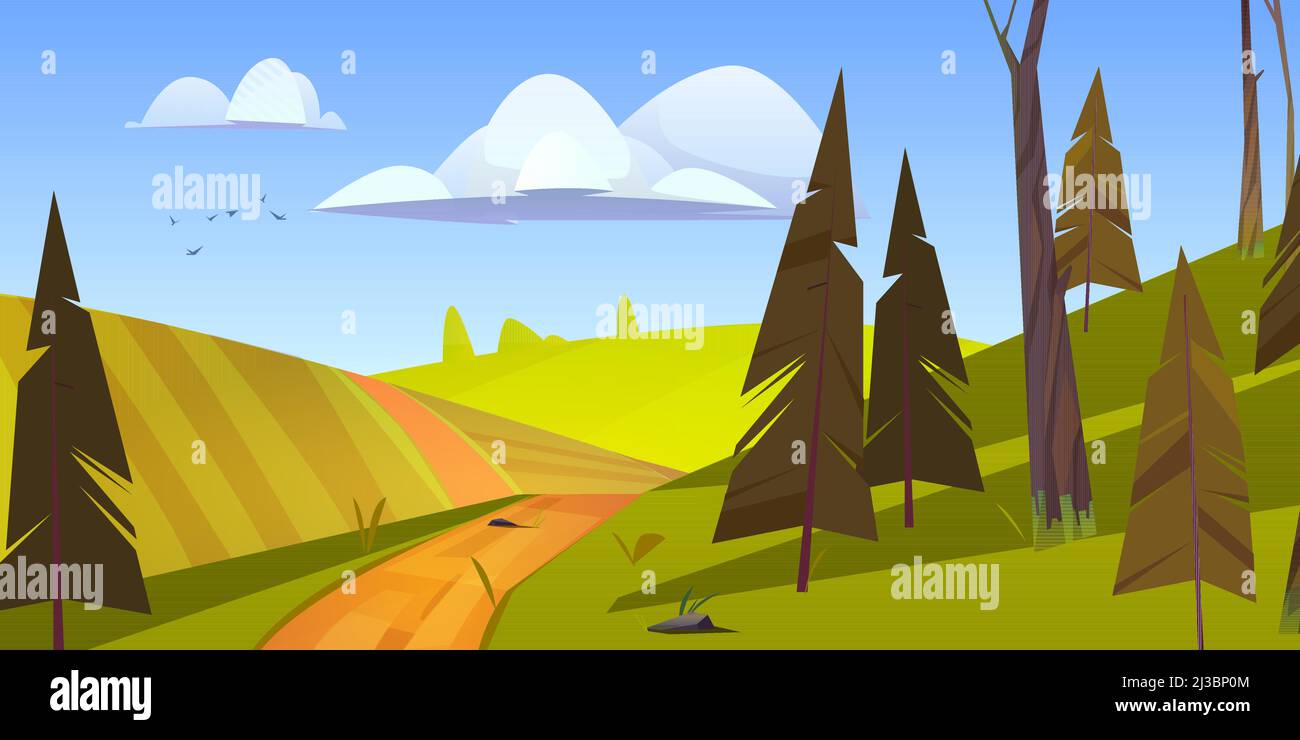 Cartoon nature landscape, rural dirt road going along green field with ...