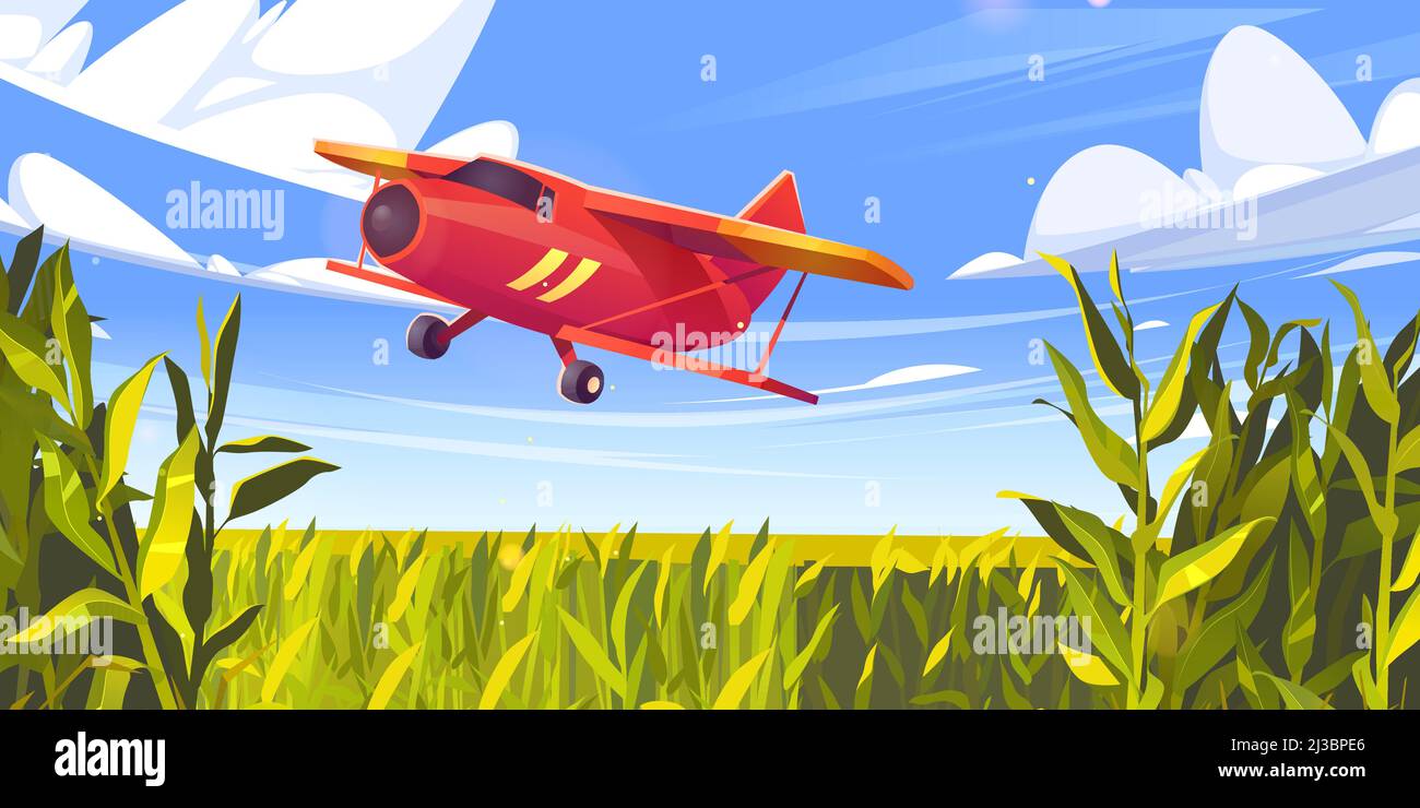 Crop duster plane flying over green corn field, farm airplane in blue ...