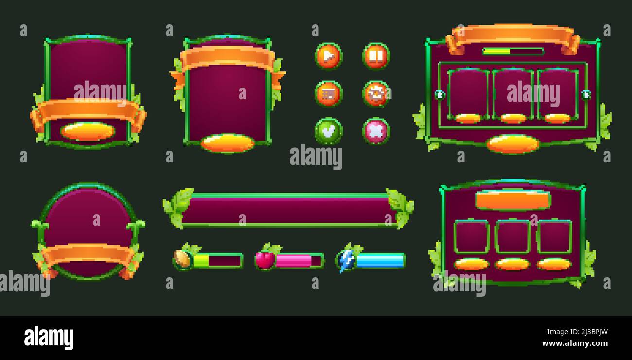 Game buttons and frames with green borders and leaves. Design elements ...