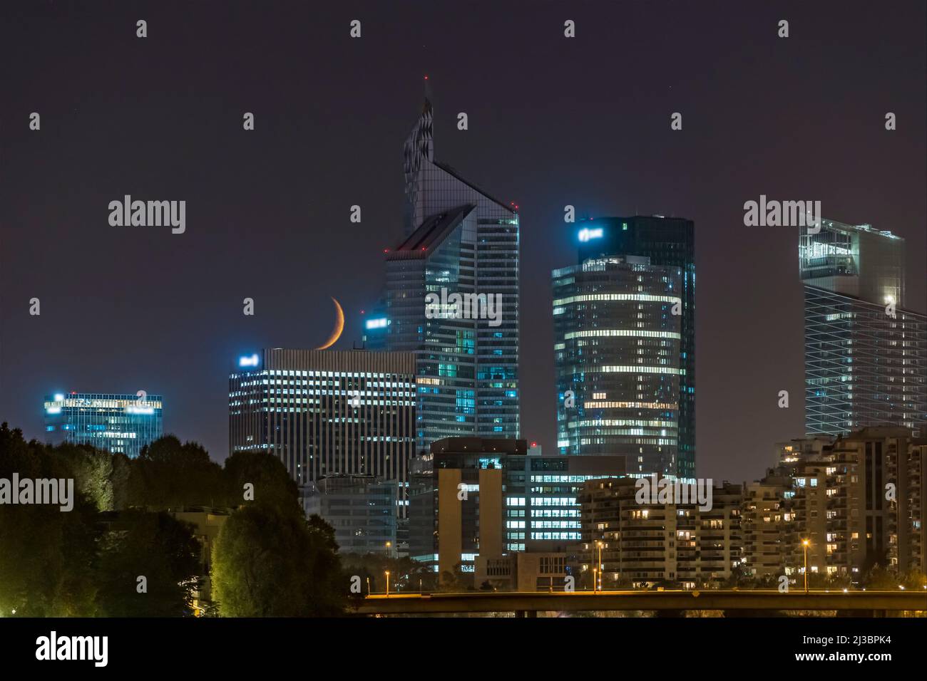 Crescent Moon Close to Towers of La Defense Business District at Night ...