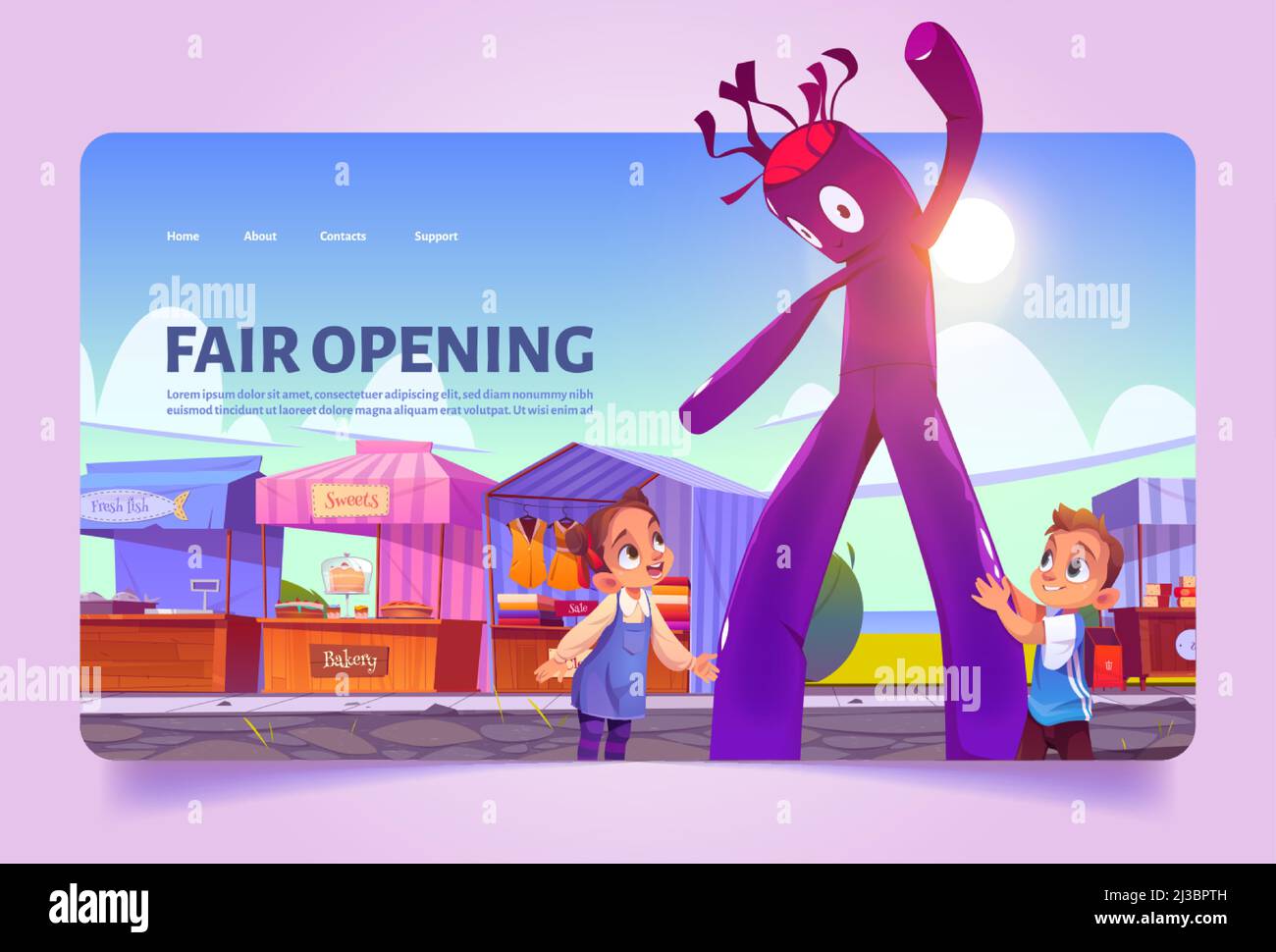Fair opening cartoon landing page. Kids at outdoor market with air waky ...